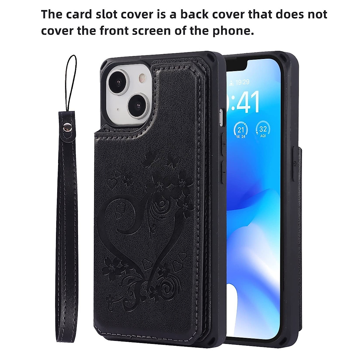 iCoverCase for iPhone 14 Plus Case with Card Holder, iPhone 14 Plus Wallet Case for Women with Strap [RFID Blocking] Embossed Leather Kickstand Phone Case for iPhone 14 Plus 6.7 Inch (Heart Black)