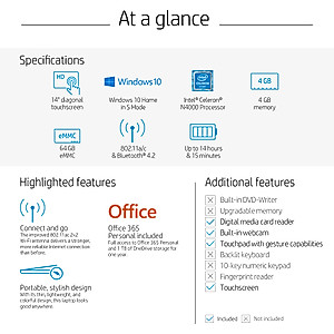 HP Stream 14-inch HD Touchscreen Laptop, Intel Celeron N4000, 4 GB RAM, 64 GB eMMC, Windows 10 Home in S Mode With Office 365 Personal For 1 Year (14-cb191nr, Royal Blue)