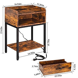 Lerliuo Nightstands Set of 2 with Charging Station and USB Ports, 3-Tier End Side Table with Storage Drawer and Shelf, Modern Bedside Night Stand for Bedroom, Retro Brown