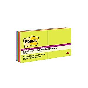 Post-it Super Sticky Full Stick Notes, 3x3 in, 12 Pads, 2x the Sticking Power, Energy Boost Collection, Bright Colors (Orange, Pink, Blue, Green), Recyclable (F330-12SSAU)