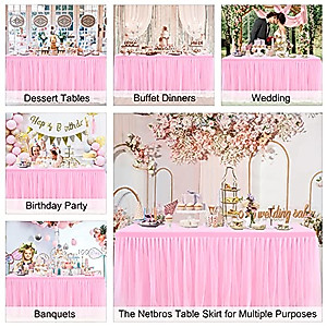 netbros Tulle Table Skirt, Table Clothes for 6 Foot Rectangle Tables, Tight Fit Washable and Wrinkle Resistant Pink Tablecloth, Tutu Table Skirt Decoration for Birthday Party, Banquet, Event