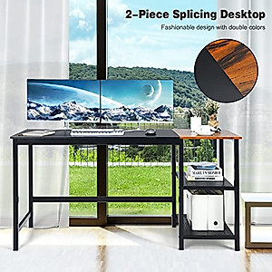 Tangkula 59 Inch Home Office Computer Desk with 2 Tier Storage Shelves, Industrial Study Writing Desk with Headphone Hook, Large Simple Laptop PC Desk with Splice Board & Steel Frame, Gaming Desk