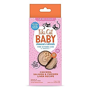 Tiki Cat Baby Mousse & Shreds, Chicken, Salmon, and Chicken Liver, High-Protein, Wet Cat Food for Kittens 4 Weeks+, 1.9 oz. Cans (Pack of 3)