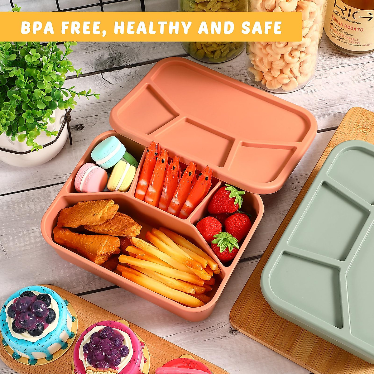 Baderke 2 Pcs Leak Proof Silicone Bento Box Lunchbox with 4 Compartments Reusable Lunch Containers Bento Box for Kids Adults Microwave Dishwasher Freezer Christmas Gift