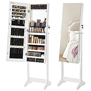 SONGMICS Mirror Jewelry Cabinet Standing Armoire Organizer, Jewelry Storage with Full-Length Frameless LED Lights, Built-in Makeup Mirror, 2 Drawers, Lockable, White UJJC023W01