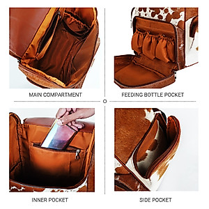LP-FACON Western Cowhide Print Leather Diaper Backpack | Cute Shower Gifts For Mom | Large Travel Bag Brown & White