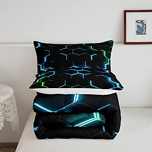 Teal Blue and Black Print Comforter Set Hexagonal Bedding Set Kids Boys Teens Honeycomb Decor Comforter Beehive Geometric Quilt Set Bedroom Collection 3Pcs Full Size
