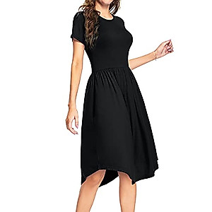 YUNDAI Women Summer Pockets Modest Teacher Casual Flowy Midi Knee Length Dress X-Large, Plain Black
