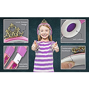 Disney Princess Kids Headphones, Adjustable Headband, Stereo Sound, 3.5Mm Jack, Wired Headphones for Kids, Tangle-Free, Volume Control, Foldable, Childrens Headphones Over Ear for School Home, Travel