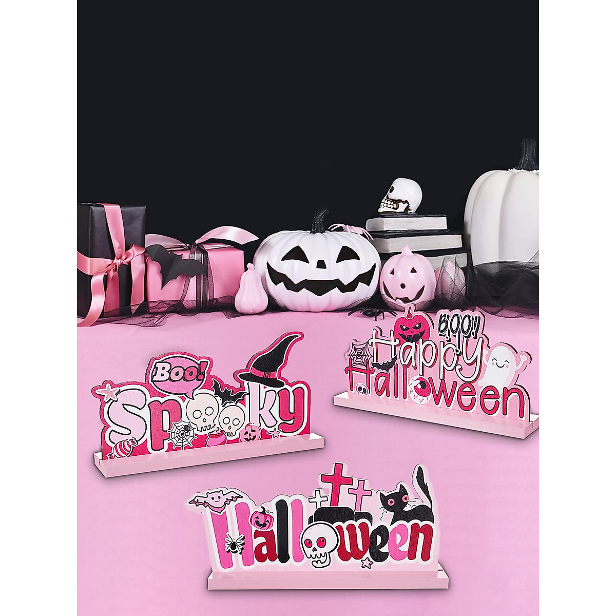 3 pcs Halloween Table Decor Wooden Centerpiece Signs- Happy Halloween Trick or Treat Boo Tabletop Signs with Witch Hat Goast Pumpkin for Home Party Office Desk Halloween Decorations Indoor