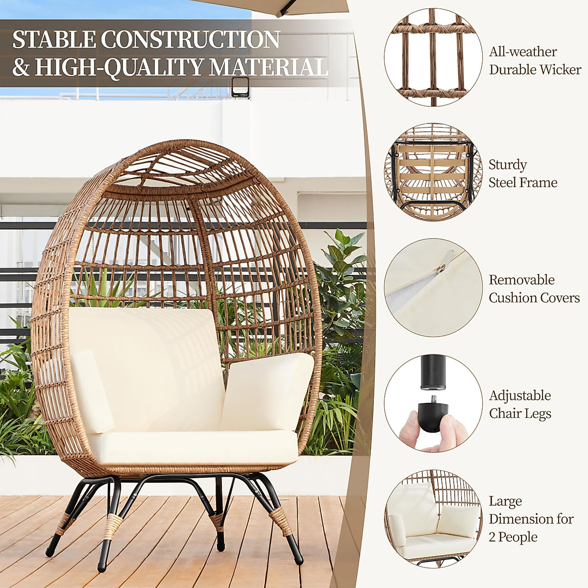 Yaheetech Egg Rattan Chair, Indoor/Outdoor PE Rattan Egg Basket Lounge Chair w/ 4 Cushions, Oversized Egg-Shaped Chair w/Metal Frame Stand for Patio, Backyard, Living Room - Light Brown/Ivory
