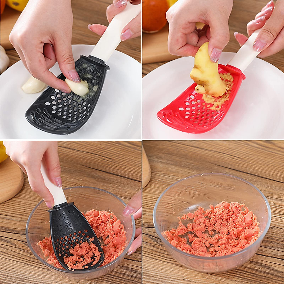Xesakesi 4 PCS Multifunctional Cooking Spoon, All Purpose Kitchen Tool Skimmer Scoop Colander Strainer Grater Masher, Food-Grade High Temperature Resistant Cooking Gadgets, Plastic (2Red+2Black)