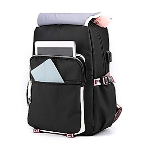Girls Lightweight Backpack Casual USB Backpack Portable Laptop Computer Bag Durable Teens Book Bag Black and Pink(17 in)