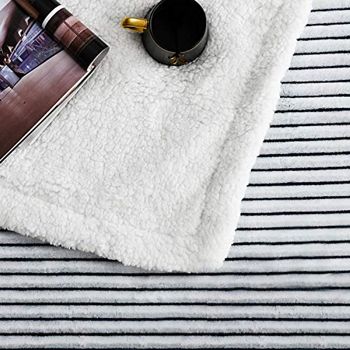 I' HERMU Sherpa Fleece Throw Blanket for Couch (Large 51‘’x 63‘’, Blue and White Strip) Soft Plush Blankets Fluffy Fuzzy Warm Cozy Throws for Sofa Bed