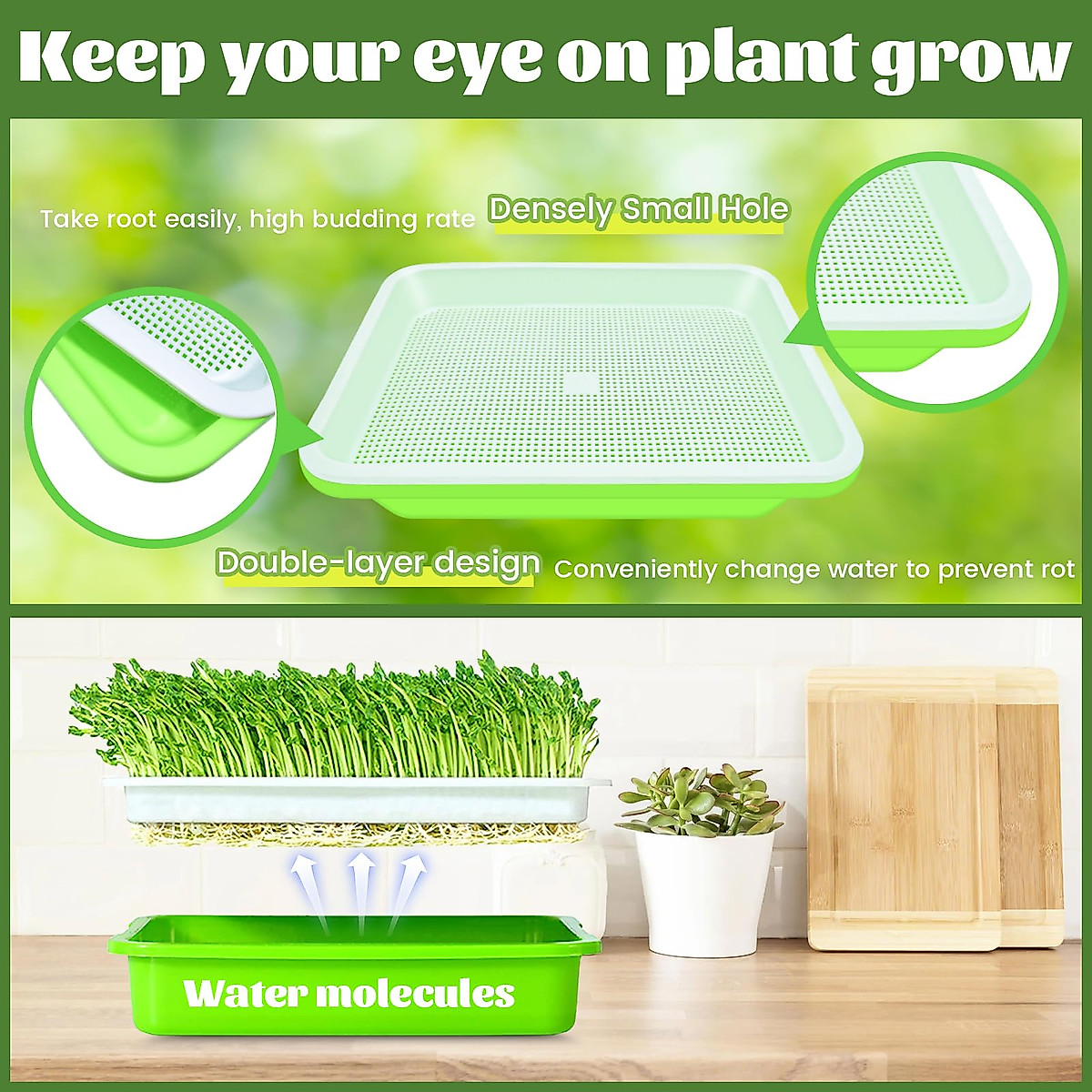 Legigo 10 Pack Green Seed Sprouter Trays- Soil-Free Cultivation Germination Tray, BPA Free Nursery Tray with Planting Paper for Indoors or Outdoors Sprouting Seeds, Grow Grass, Beans (Without Lids)