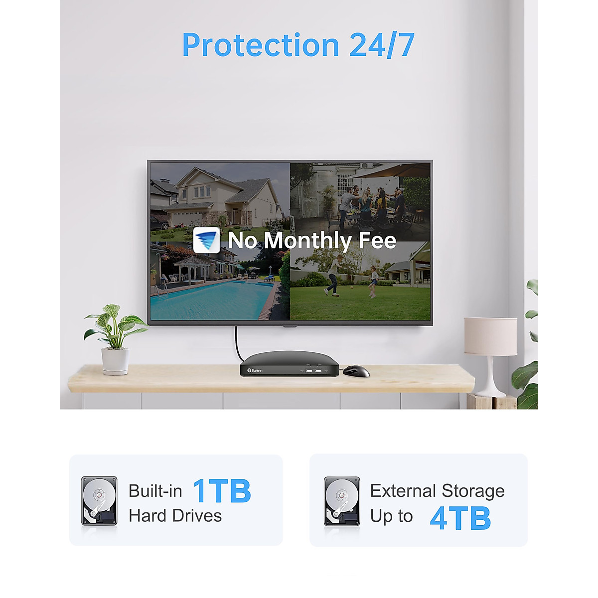Swann Home DVR Security Camera System with 1TB HDD, 8 Channel 4 Camera, 1080p Full HD Video, Indoor or Outdoor Wired Surveillance CCTV, Color Night Vision, Heat Motion Detection, LED Lights, 845804