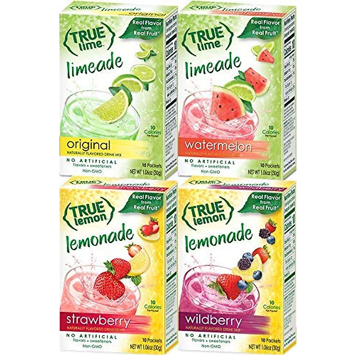 True Citrus Drink Mix Variety, Strawberry Lemonade, Wildberry Lemonade, Original Limeade, and Watermelon Limeade, 4 Pack