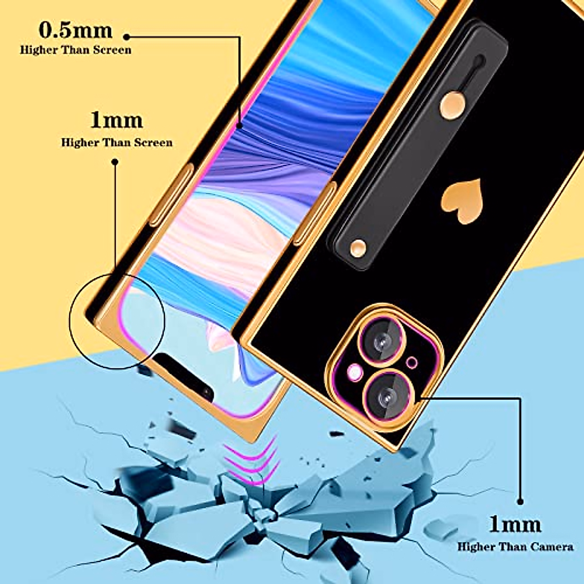 Petitian for iPhone 13 Square Case Loopy Stand/Strap, Luxury Cute Women Girls Heart Electroplated Designer Squared Edge Phone Cases for 13, Black