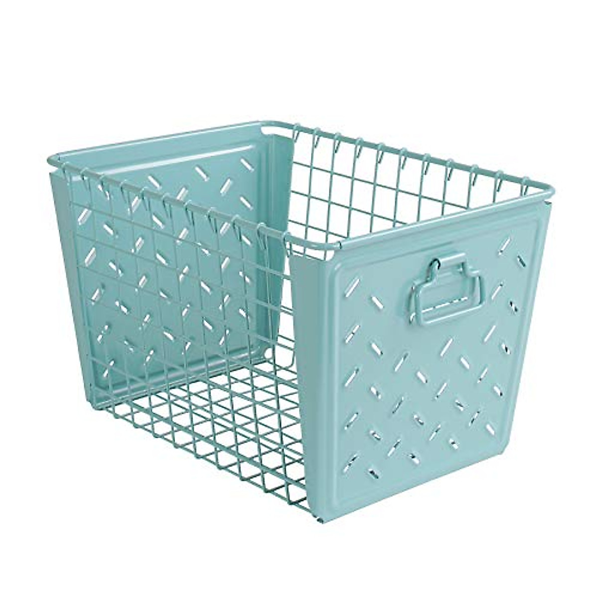 Spectrum Diversified Macklin, Stamped Steel & Wire Basket for Closet & Cubby Storage Vintage-Inspired Design with Customizable Label Plate, Medium, Teal, 1 Count (Pack of 1)