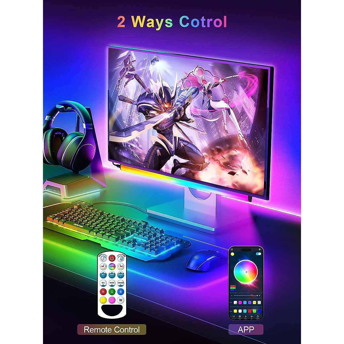 KANTUTOE Monitor Down Light Bar, RGB Screen Desk Light PC, Dimmable LED Dynamic Rainbow Effect, Adjustable Brightness, Speed and Music, Remote Control Color Change, for Game Room