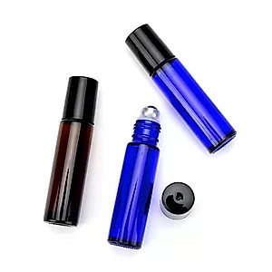 HINNASWA Essential Oil Roller Bottles, Empty Refillable Roll on Glass Bottles, Leak proof Glass Bottle, Stainless Steel Balls for Essential Oil (Amber, Blue)