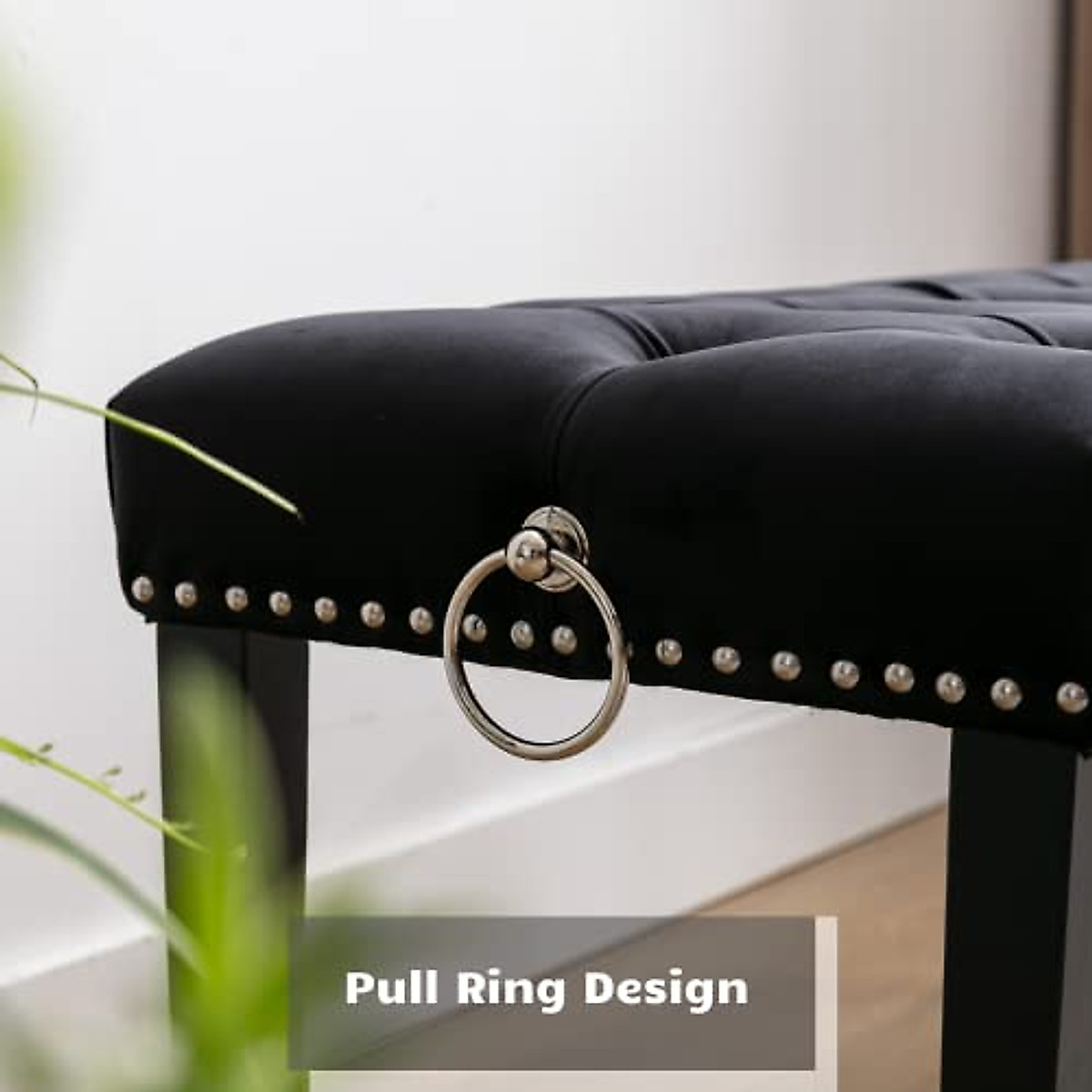 HEAH-YO Modern Velvet Tufted Bench, 18" Seat Height Upholstered Ottoman Dining Bench with Pull Rings, Nailhead Trim Footstool for Entryway Bedroom Kitchen Dining Table, Black