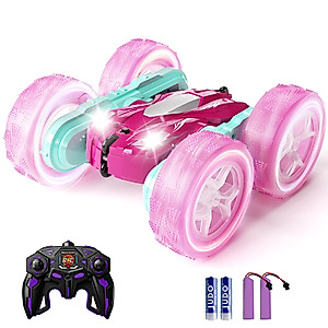 28℃ Remote Control Car for Boys, Drift High Speed RC Cars, 4WD 2.4Ghz Rechargeable RC Truck with Double Sided 360 Flips and Headlights Wheel Lights, Off-Road Stunt Toy Car for Kids Boy Girls Pink