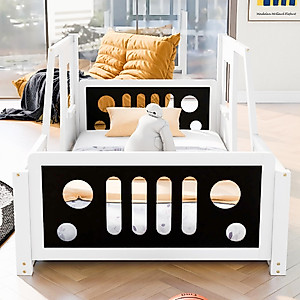Floor Bed Twin Size Car-Shaped Platform Bed with Wheels, Montessori Bed Frame with Fence and Door, Solid Wood Twin Bed Frame, Slats Included, No Box Spring Needed (Twin Size, White)