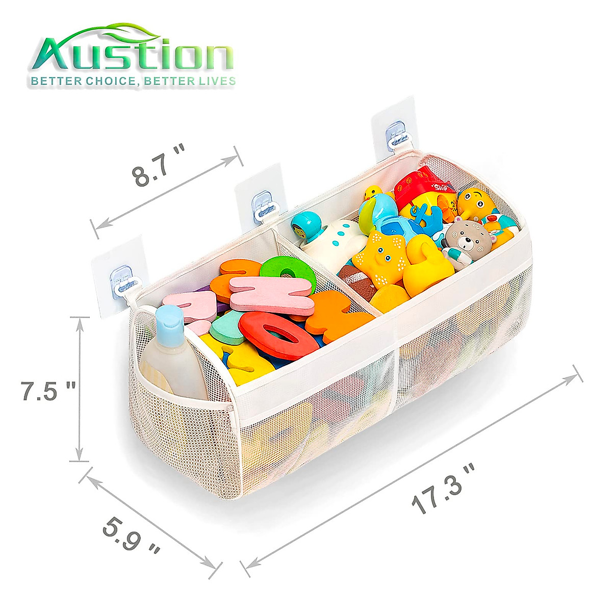 Austion Original Two Compartment Easy-access Mesh Bath Toy Organizer for Bath Tub with Large Openings Quick Drying Cute Toddler Bath Toy Storage Holder for Baby