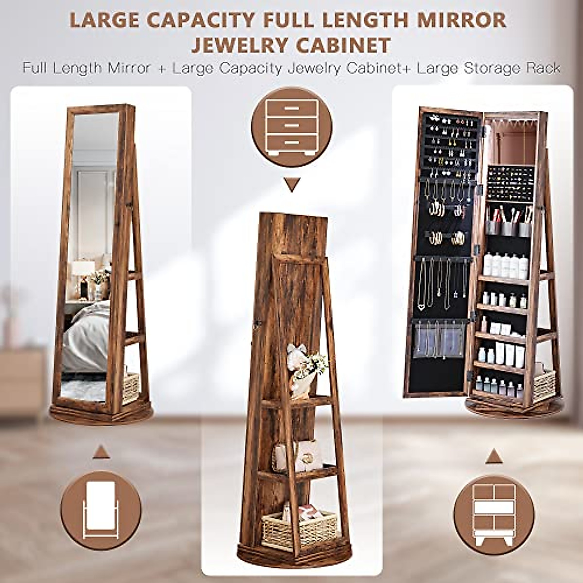 OUTDOOR DOIT 360° Rotating 67'' Jewelry Armoire with 6 LEDS, Full Length Mirror Large Capacity Jewelry Organizer Armoire, Lockable Floor Standing Mirror with Back Storage Shelves