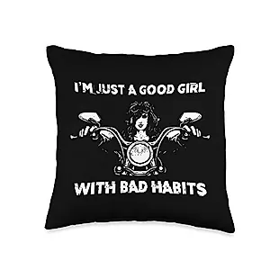 Motorcycle Pillows Rider Riding Biker Gifts Good Girl Bad Habits Motorcycle Cool Biker Gift for Women Throw Pillow, 16x16, Multicolor