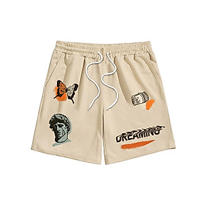 GORGLITTER Men's Designer Graphic Shorts Drawstring Waist Cool Track Gym Workout Shorts Khaki Large