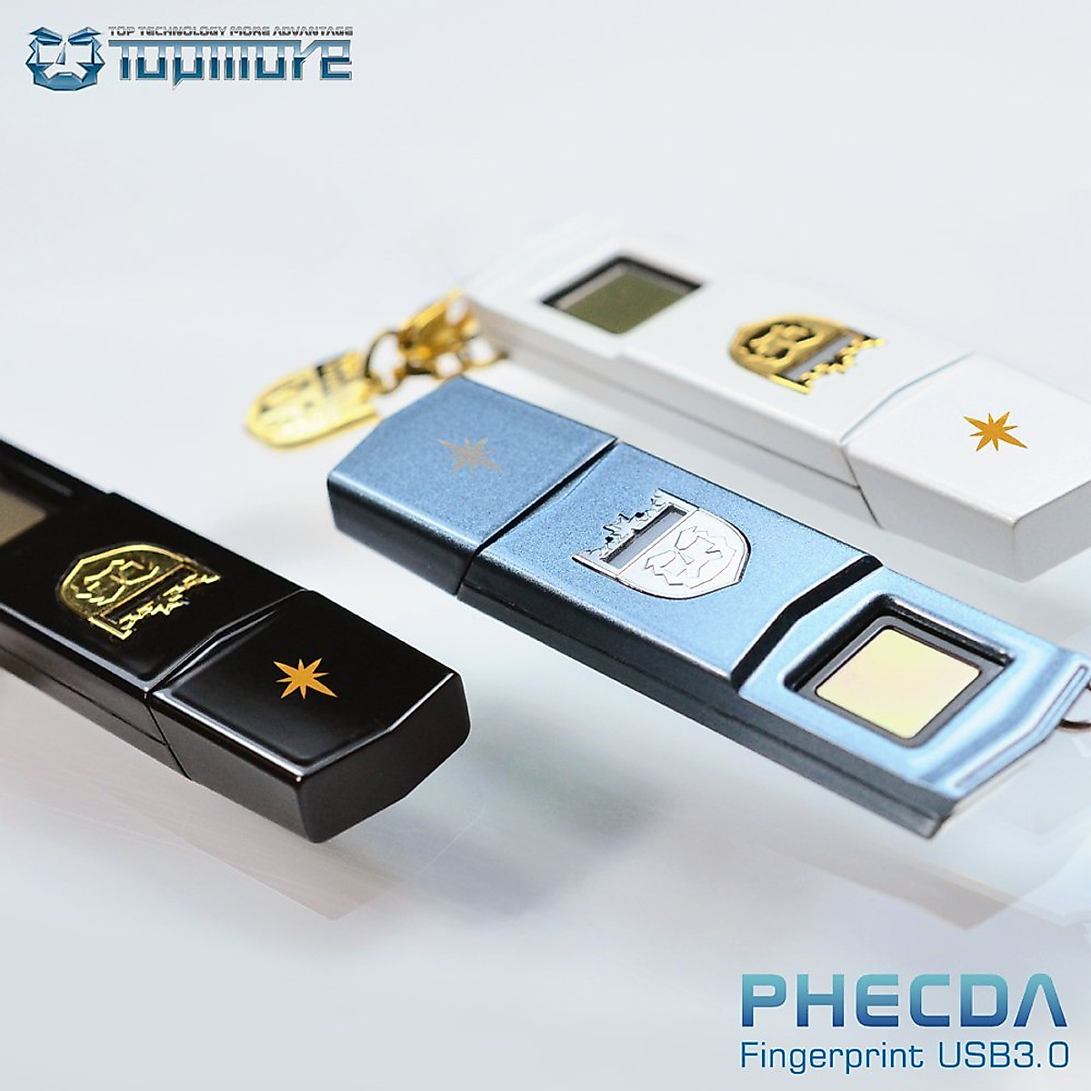 TOPMORE Phecda Fingerprint Recognition USB3.0 Flash Drive Fingerprint ID Security Flash Disk Biometric Fingerprint Reader Memory Stick (64GB, Blue & Silver)