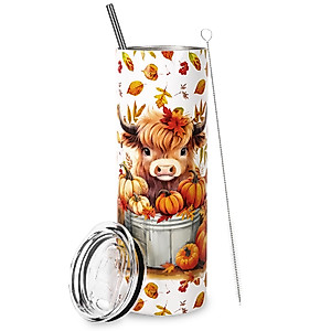 Whaline Highland Cow Tumbler with Lid and Straw Fall Pumpkin Leaves Cow Stainless Steel Cup Autumn Tumbler Cup for Fall Thanksgiving Decor Gift Supplies
