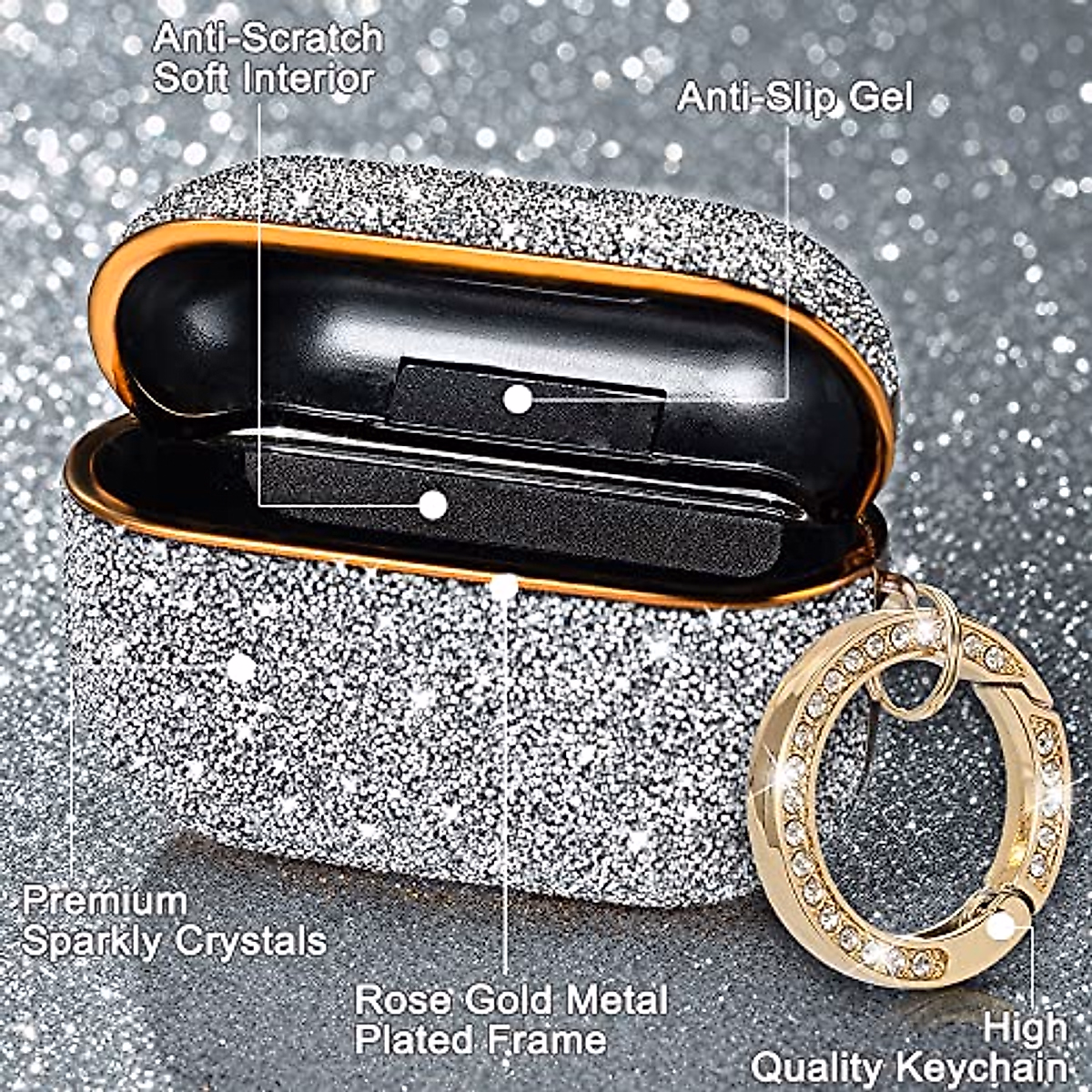 KINGXBAR Luxury AirPods Pro Case Bling Sparkle Crystals Cute Glitter Chic Design Shockproof Protective Hard Cover with Accessories Keychain for Apple AirPods Pro Silver for Girls Women