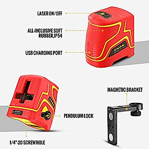 SNAN 98 Feet Laser Level Self-Leveling Horizontal and Vertical Cross-Line Laser, Three Modules with 2 Laser Heads, Pulse Mode, Magnetic Support and Carrying Pouch, 360° Rotating, IP54