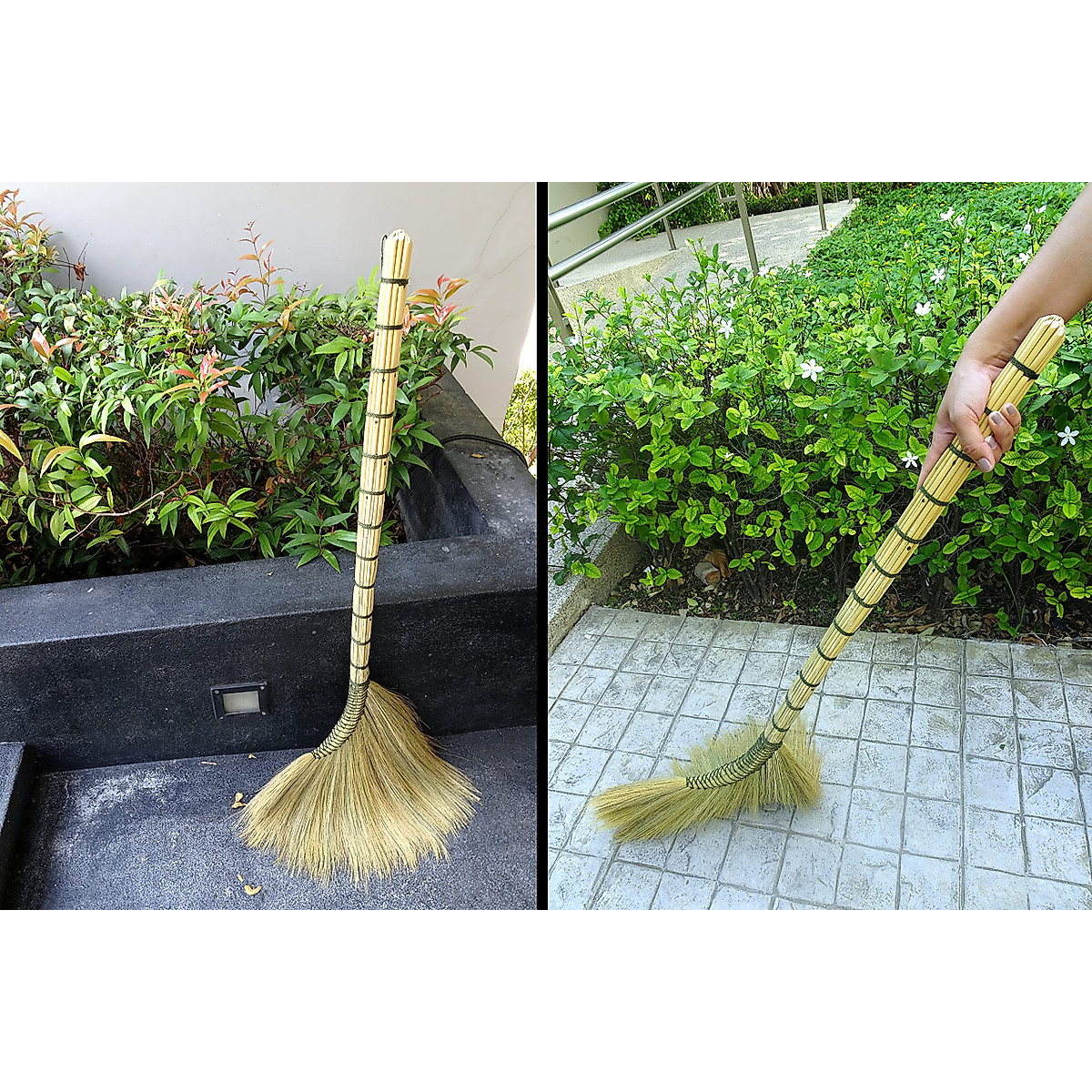 Handmade Asian Thai Broom Thick Natural Grass Brush & Handle Broomstick in Vintage Viet Whisk Straw Design
