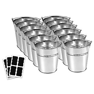12 Metal Buckets with Chalkboard Stickers, Small Galvanized Pail for Party and Wedding, 5 Inch Tin Buckets, Garden Planters, (tie tong)