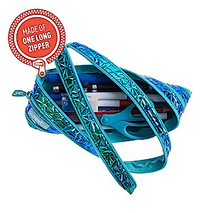 ZIPIT Metallic Pencil Case for Girls, Holds Up to 30 Pens, Pouch Made of One Long Zipper! (Blue-Green)