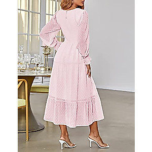 MEROKEETY Women's Long Sleeve Round Neck Smocked Elastic Waist A Line Tiered Dress,Pink,M