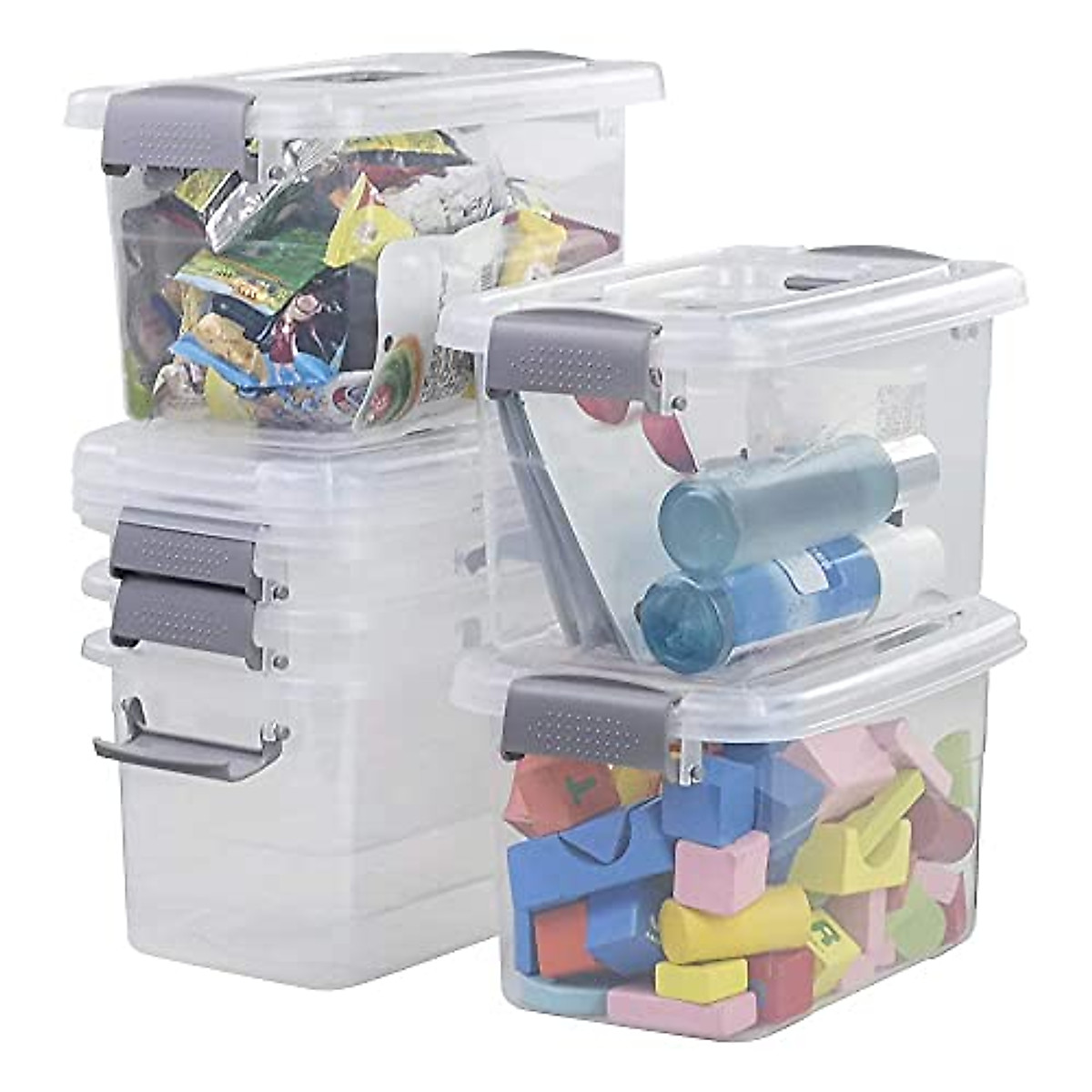 Minekkyes 6-Pack Home Storage Bins, Plastic Container, Latching Box with Handle (Grey handle)