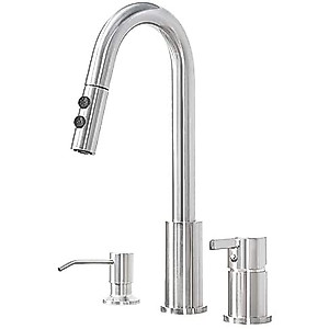 3 Hole Kitchen Faucet, Single Handle Stainless Steel Kitchen Faucets with Pull Down Sprayer, 2 Hole Widespread Kitchen Sink Faucet with Soap Dispenser, Brushed Nickel KMF025L