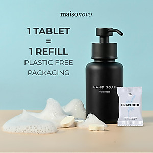 MaisoNovo Shampoo and Conditioner Dispenser with Wall Mounts - 3 Amber Plastic Bottles Black Pump - 4 Mixed Pack Foaming Hand Soap Refill Tablets