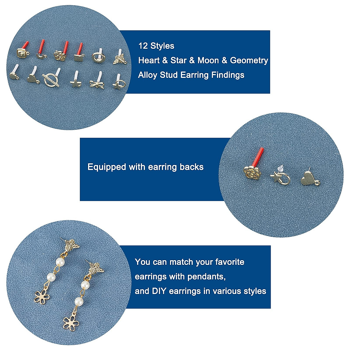 PH PandaHall 96pcs Earring Studs Backs 48pcs 12 Styles Golden Earring Posts Heart Moon Star Rhombus Pad Base with Loops Steel Pin and 48pcs Plastic Earring Backs for DIY Earring Making and Repairing
