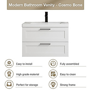 Flairwood Decor Bathroom Vanity Cosmo 30 Inches Cosmo White - Includes Wall Mounted Cabinet with 2 Large Drawers and White Countertop with Integrated Sink - Assembled Vanity
