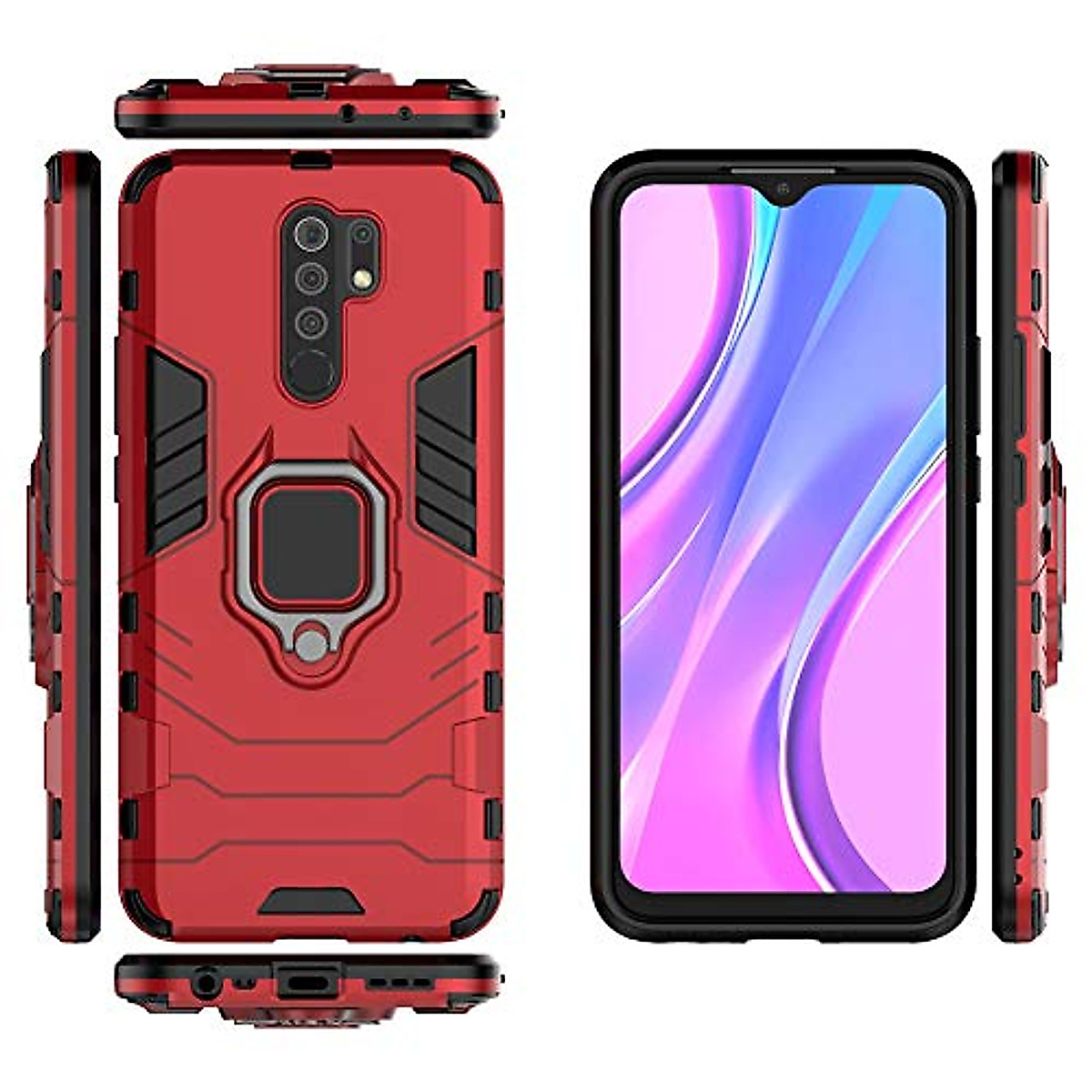 Ytaland for Xiaomi Redmi 9 Case,with 2 x Tempered Glass Screen Protector. (3 in 1) Shockproof Bumper Defender Protective Phone Cover with Ring Kickstand (Wine Red)
