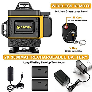 GROSAM Laser Level, 16-line Green Laser Level For Self-leveling Of Buildings And Picture Hangings, Two 360° Vertical Lines And Two 360° Horizontal Lines With Battery Power Detection