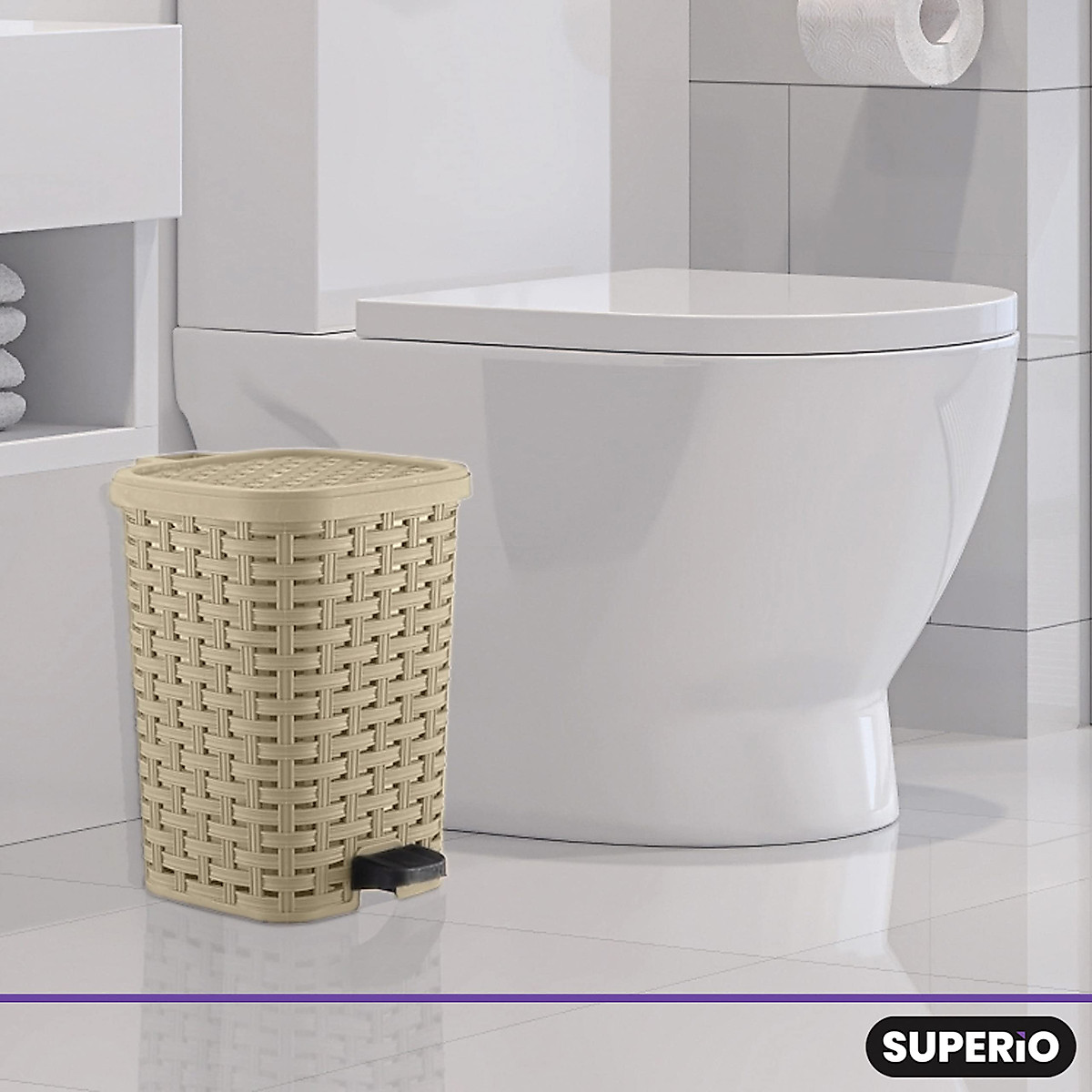 Superio Rattan Compact Trash Bin 6 Liter, Beige and Brown - Wicker Trash Can with Pedal Step On Lid