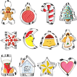 Kaishane Mini Christmas Cookie Cutters Set of 12 - Small Stainless Steel Christmas Biscuit Cutter Snowflake, Bell, Christmas Tree, Star, Moon, Angle, Heart & More Shapes For Holiday Xmas