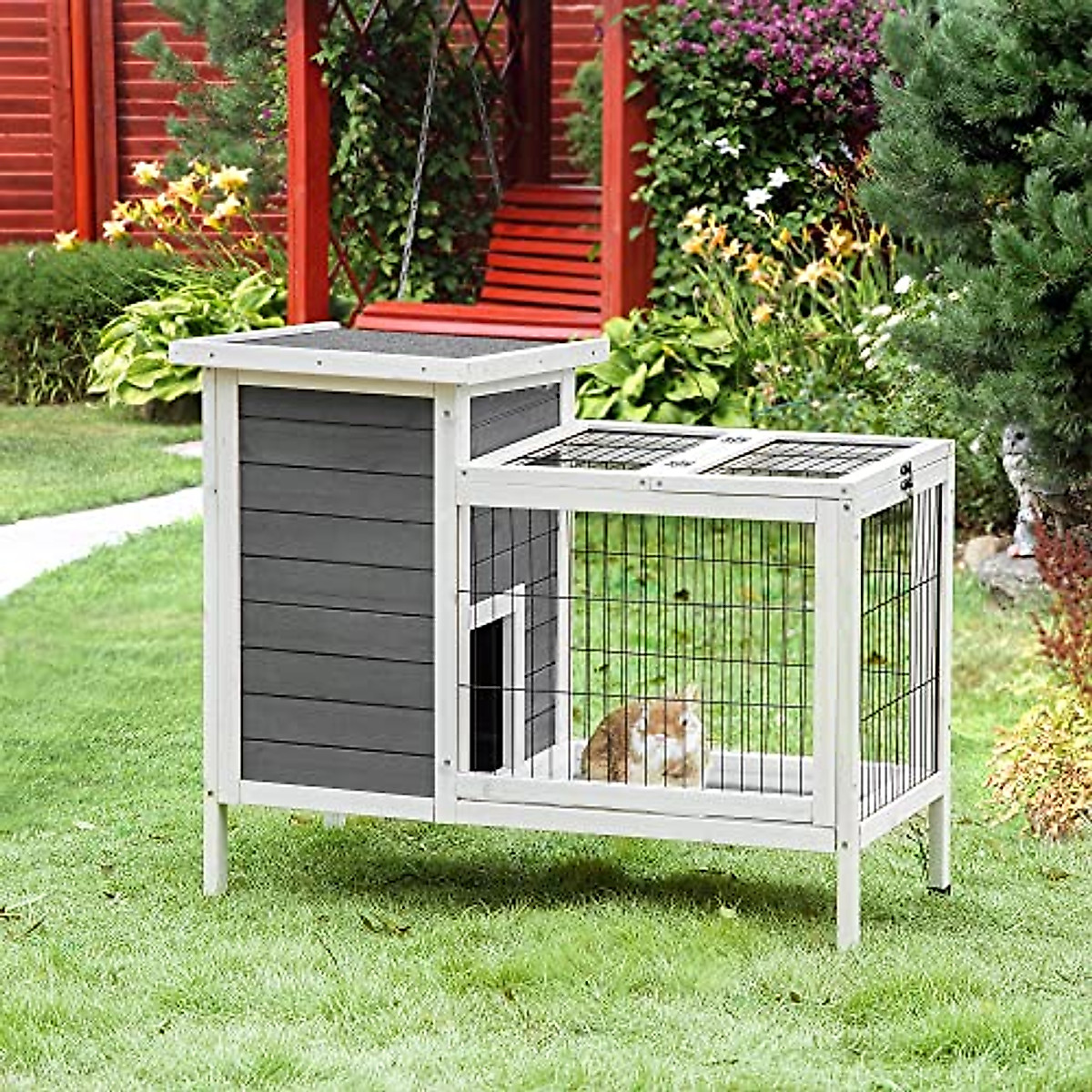 PawHut 36" Rabbit Hutch Bunny Cage Small Animal House with Weatherproof Roof Romevable Tray and Enclosed Run, Indoor/Outdoor
